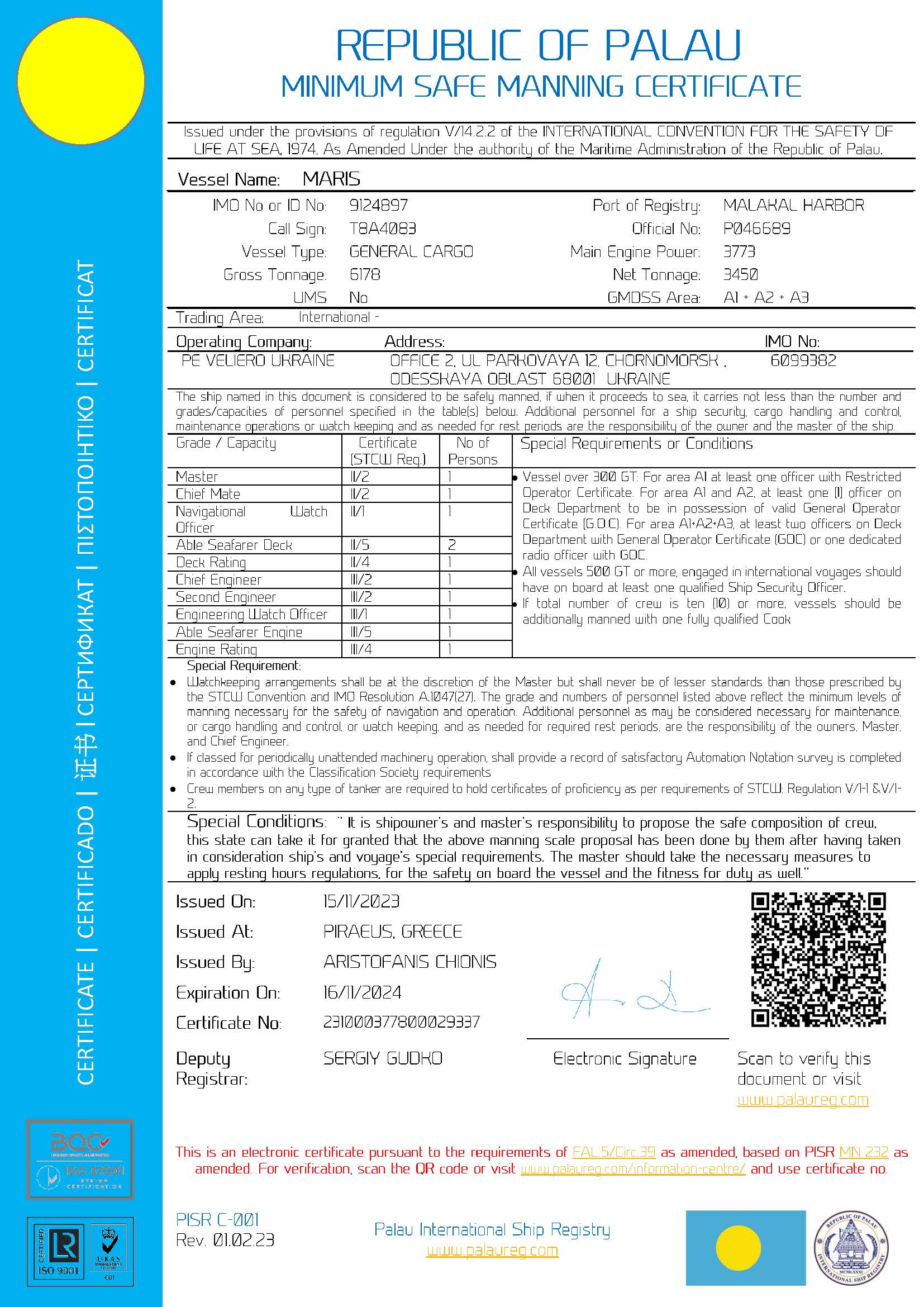 Certificates - Maris shipping & trading LIMITED