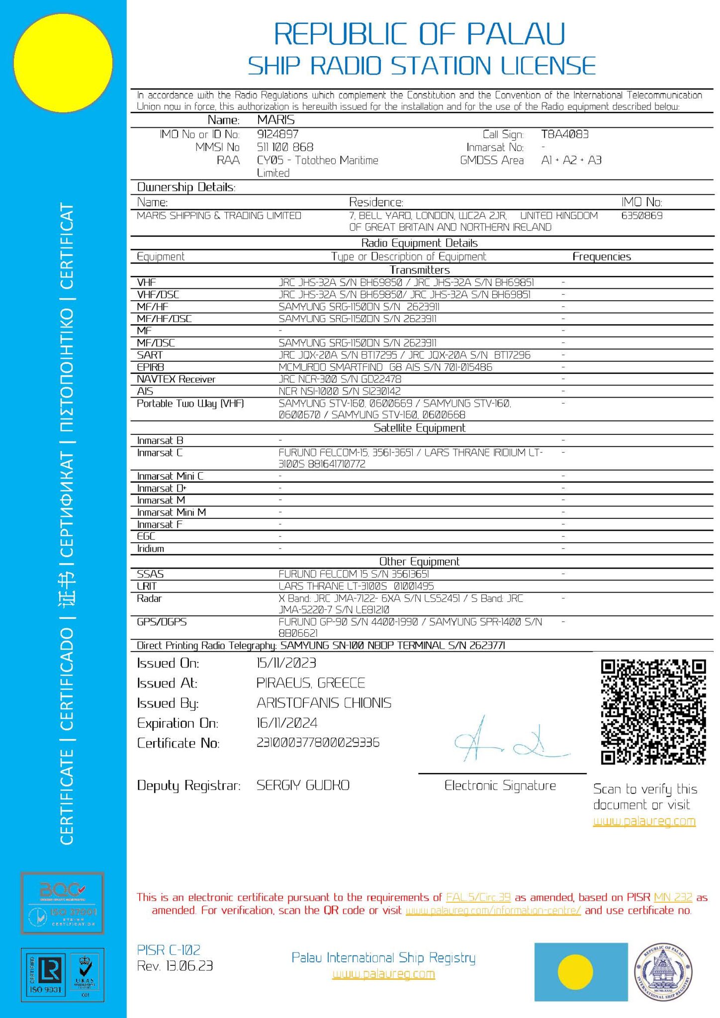 Certificates - Maris shipping & trading LIMITED
