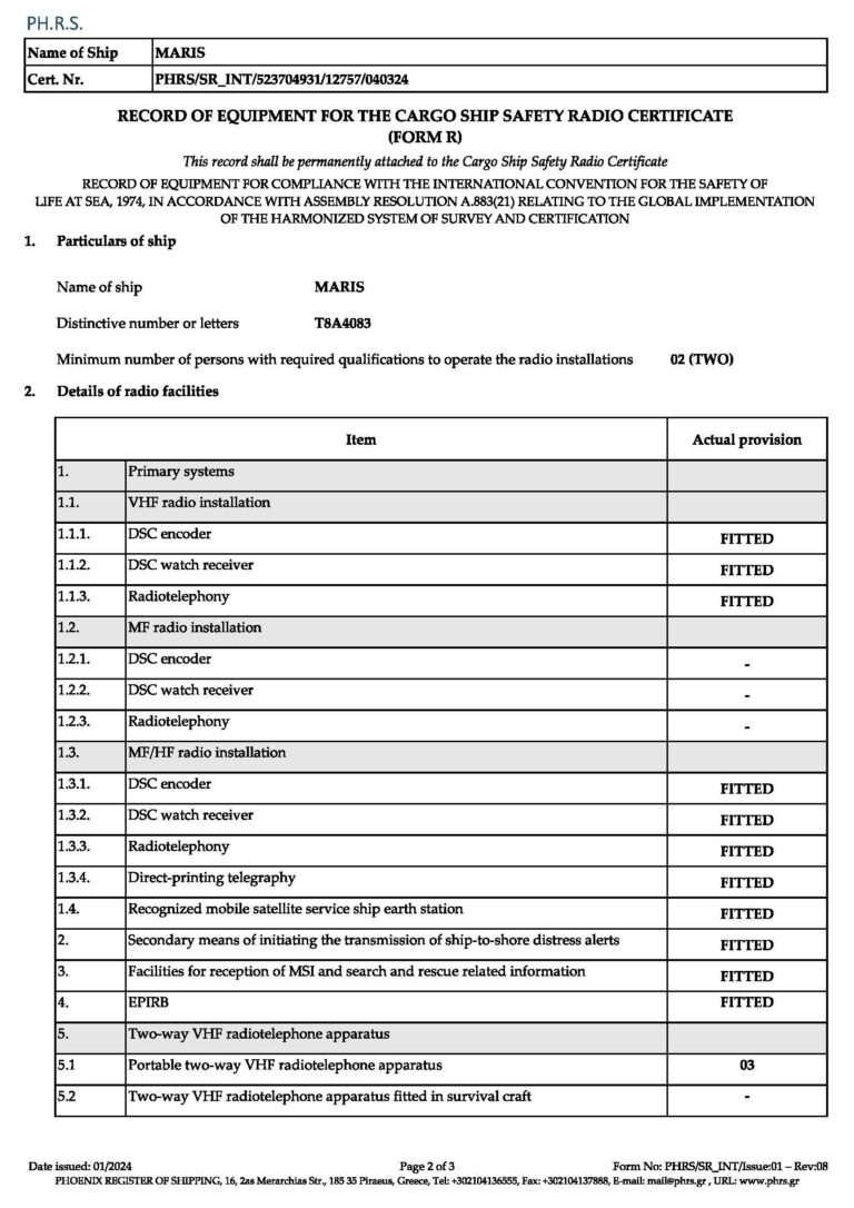 Certificates - Maris shipping & trading LIMITED