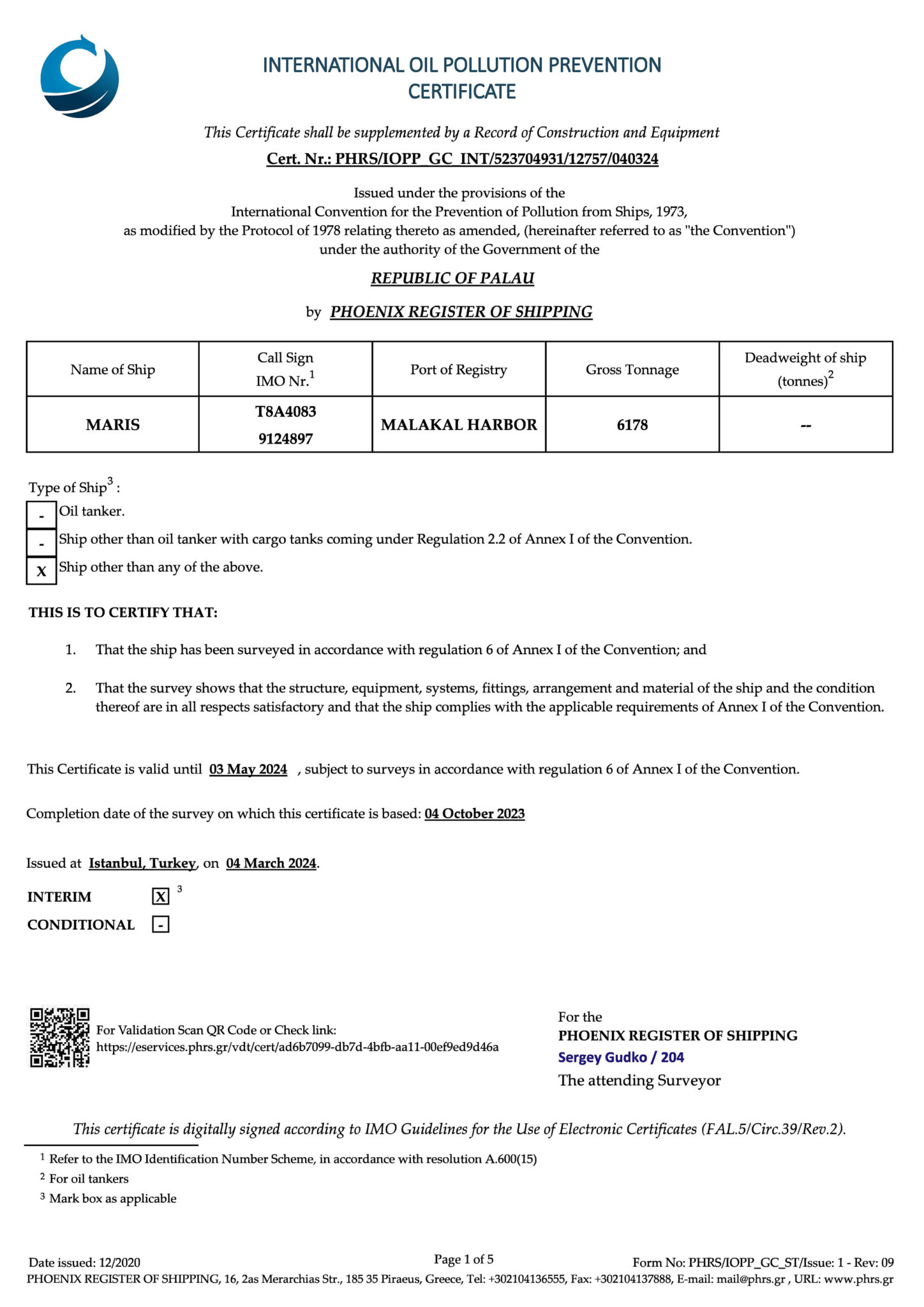 Certificates - Maris shipping & trading LIMITED