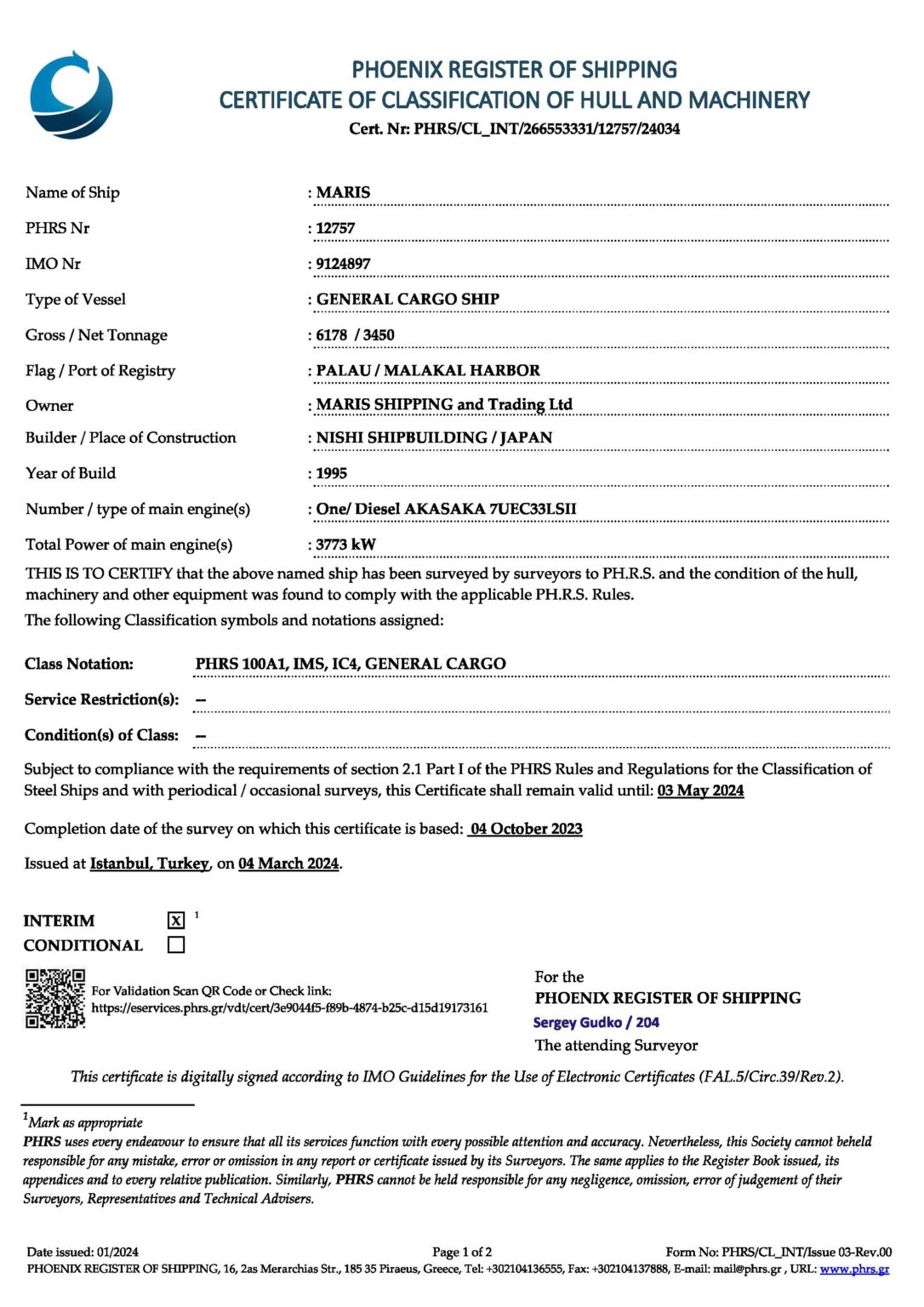 Certificates - Maris shipping & trading LIMITED