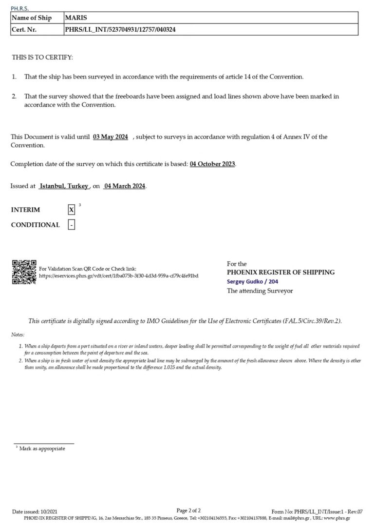 Certificates - Maris shipping & trading LIMITED