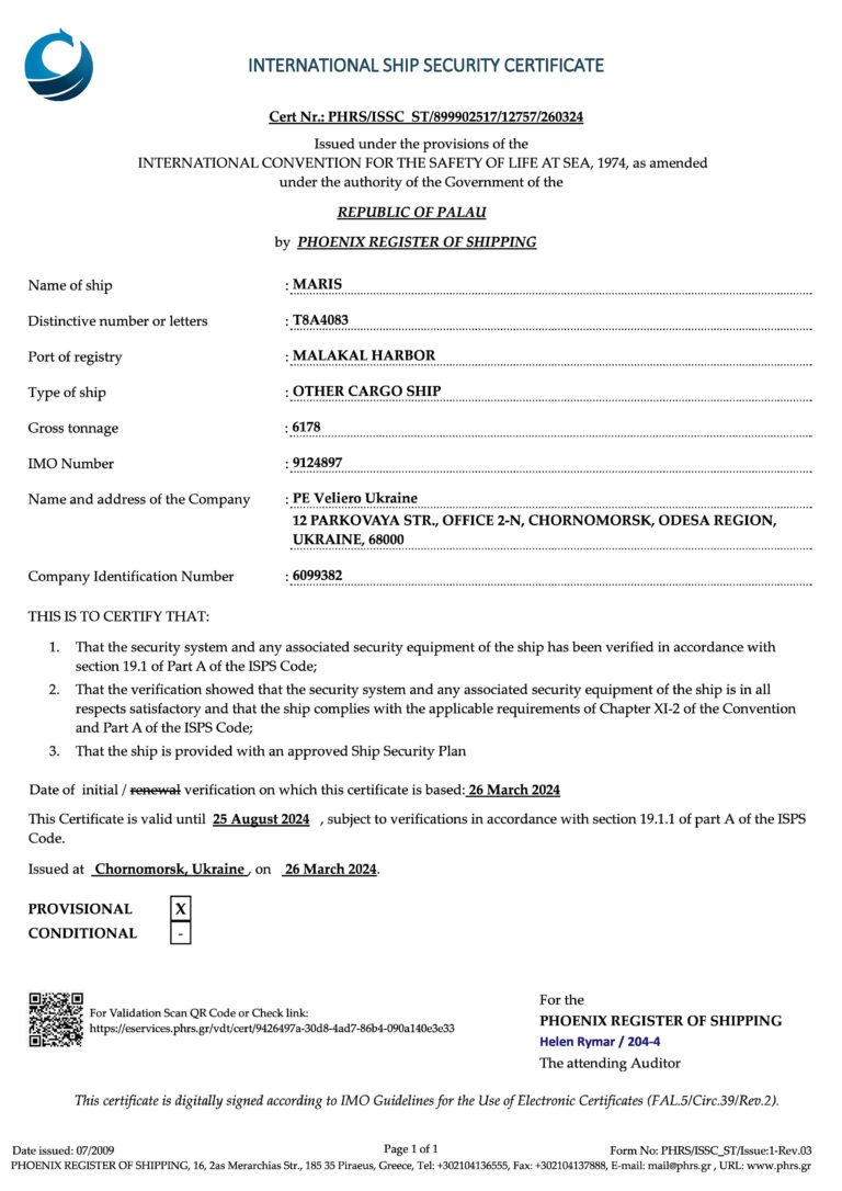 Certificates - Maris shipping & trading LIMITED